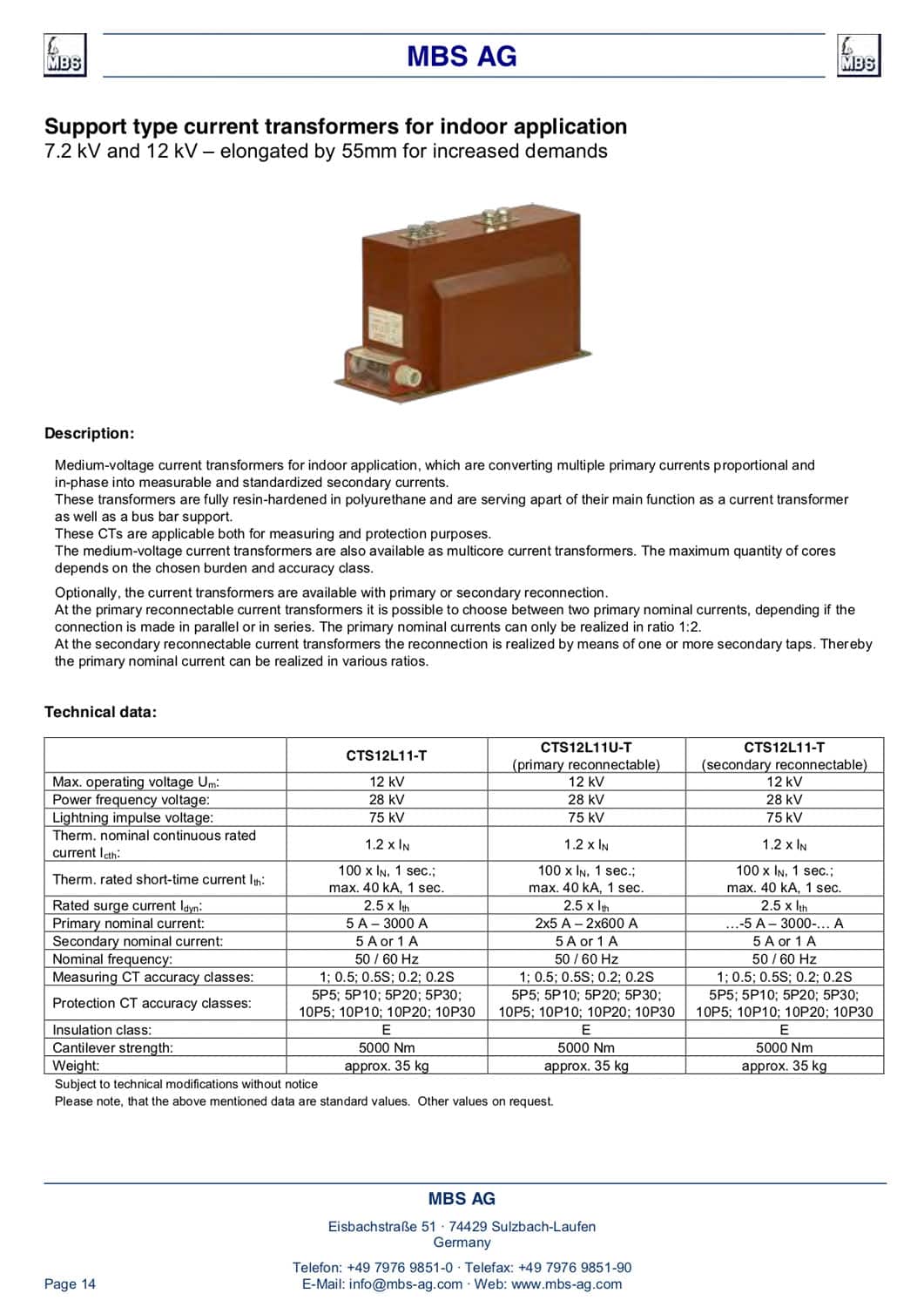 7.2 + 12 kV support current transformer; design elongated by 55 mm; for ...