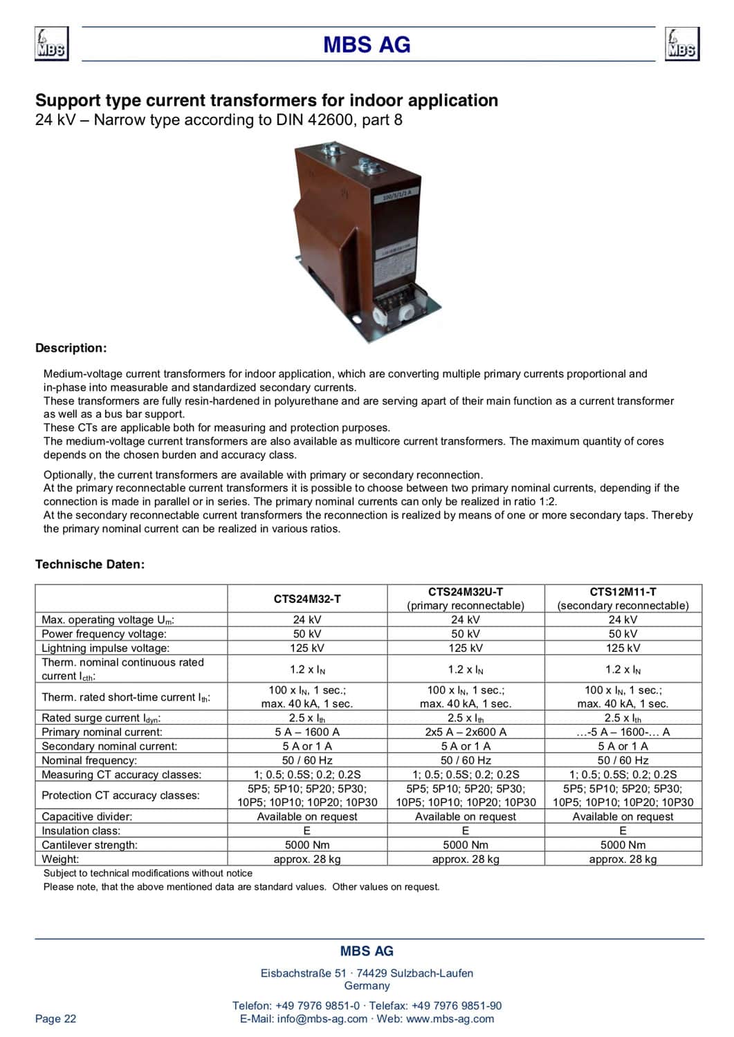 24 kV support current transformer; slender design (DIN 42600-8); for ...