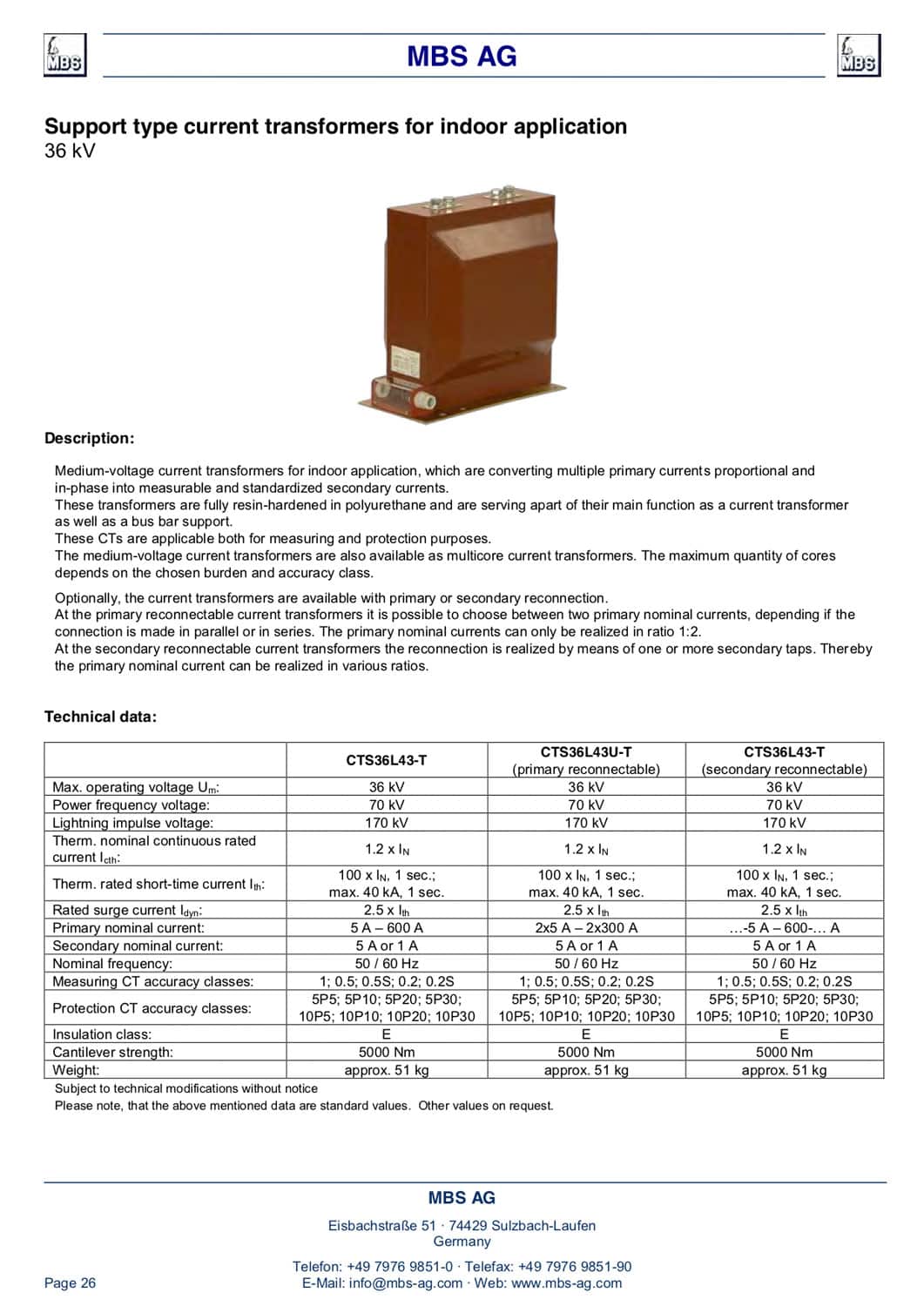36 kV support current transformer; - MBS AG & Co. KG