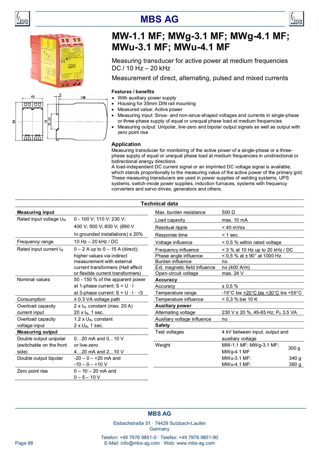 MW: DC/MF Effective Power Transducers (10Hz–20kHz) – MBS