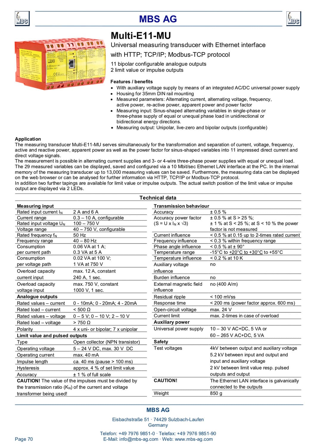 Multi E11 Universal measuring transducer with Ethernet Interface - MBS ...
